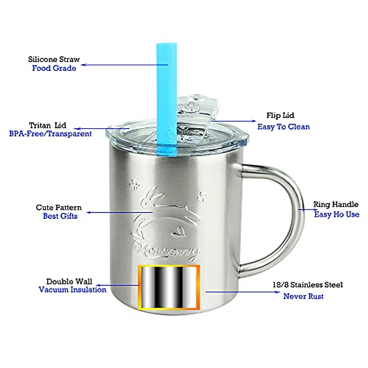 Housavvy 10 Oz Kids Stainless Steel Cups with Straws and Lids,Insulated Spill Proof Toddler Cups with Handle,Fun Kids Smoothie Tumblers BPA Free Baby Sippy Cups for Toddlers Easy Cleaning