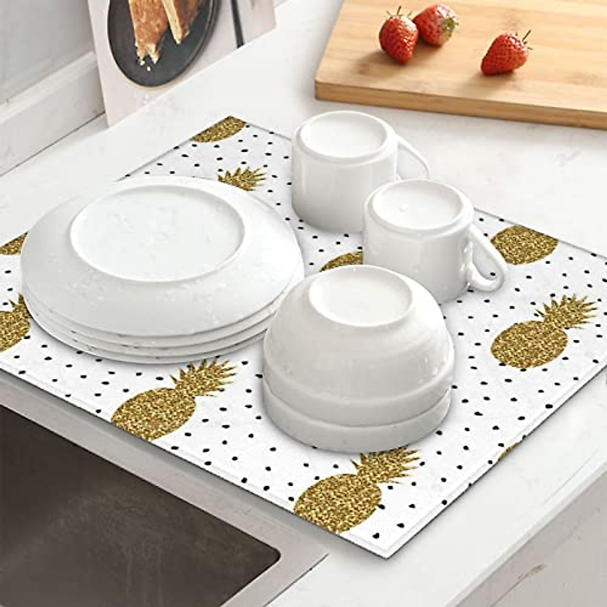 Gold Glitter Pineapples Fruit Printed Drying Mat For Kitchen Ultra Absorbent Microfiber Dishes Drainer Mats Non-Slip Silicone Quick Dry Pad - 18 X 16inch