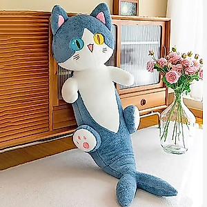 Ditucu Cute Shark Cat Plush Pillow Long Cartoon Kitten Stuffed Animal Toy Kawaii Body Sleeping Plushie Gifts for Kids 31.4 inch