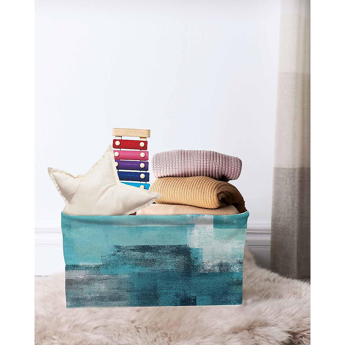 Abstract Storage Basket Turquoise Painting Large Foldable Storage Bins with Handles Modern Art Teal Gray Waterproof Fabric Laundry Baskets for Organizing Shelves Closet Toy Gifts Bedroom Home Decor