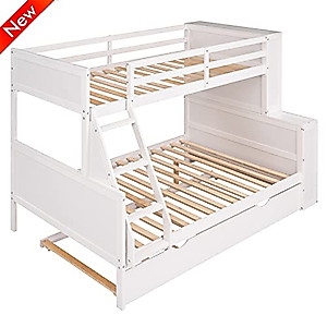 SNIFIT Upgraded Version & Stronger Solid Wood Convertible Bunk Bed Twin Over Full with Trundle & Storage Shelves, Thickened More Stable Wooden Twin Over Full Size Bunk Bed (Easier Assembly) (White)