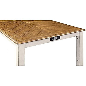 New Classic Furniture Amy Farmhouse Kitchen Counter Island Dining Table for 4 with Storage Shelf & USB Chargers, Two Tone Vintage White/Brown