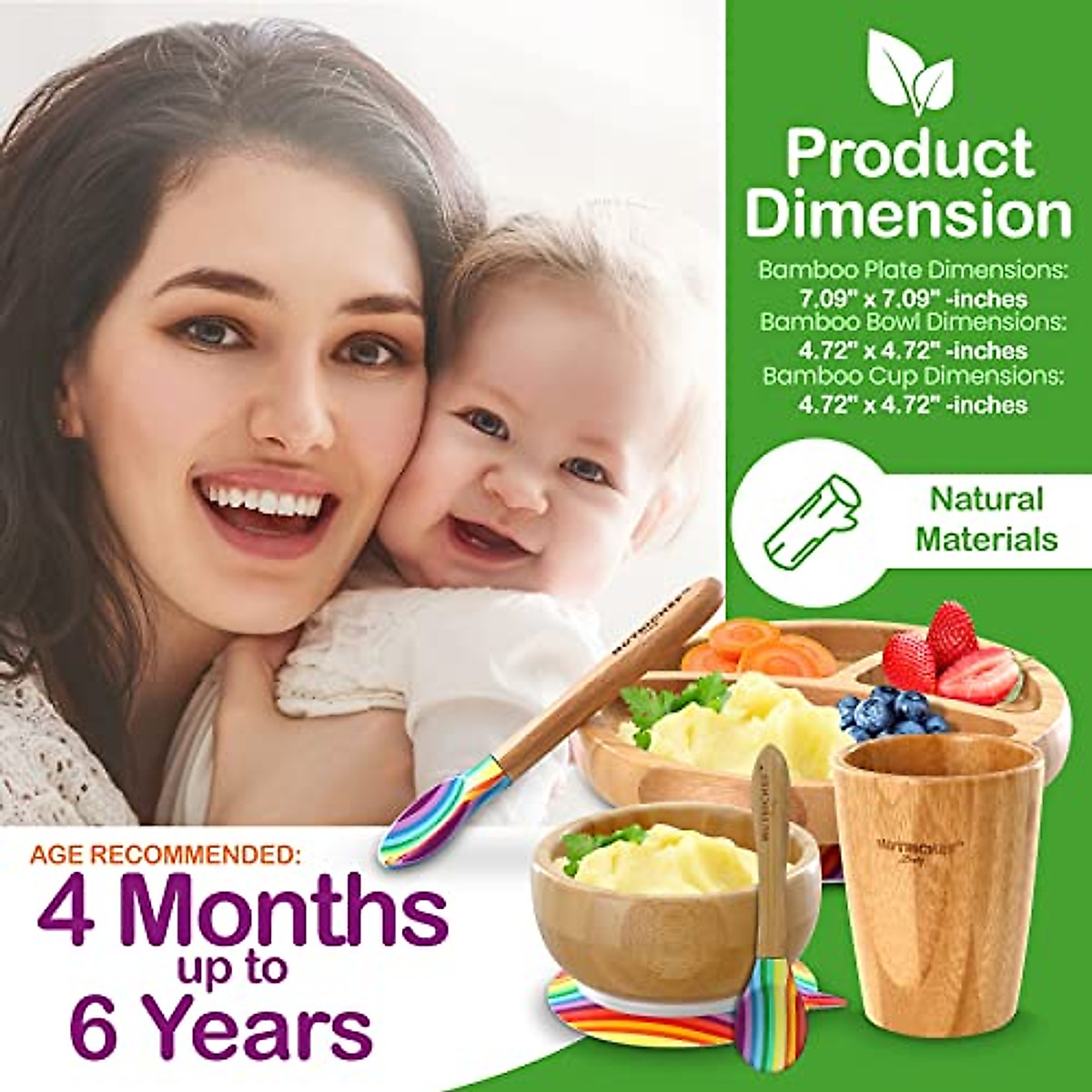 Nutrichef Baby and Toddler, 3 Compartment Plate, Bowl, Cup and Spoon Feeding Set- Silicon Suction, Non-toxic All Natural Bamboo Baby Food Plate (Stripe Set)