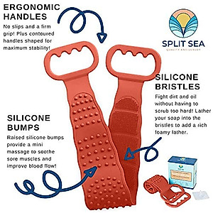 Back Scrubber for Shower, Silicone Bath Body Brush Cleanses, Exfoliates & Massages Dual-Sided Easy to Clean High Quality Premium Invigorate Skin, Improve Acne & Bathe SplitSea (27.5 Inch, Sunset Red)