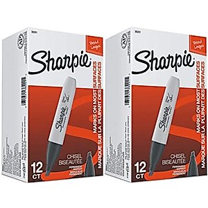 Sharpie 38201 Chisel Tip Permanent Markers, Black; 2-Packs of 12 Markers each for a Total of 24 Markers
