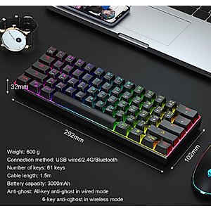 Ajazz G1000 USB Wired/2.4G/Bluetooth 3-Modes Wireless Mechanical Keyboard, Compact 61 Keys, Adjustable RGB Backlight, iOS/Android/Mac/Windows Compatible (Black, Blue Switch)