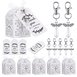 Outus 60 Pcs Baptism Party Favors for Guest Boy Girl Baby Shower Favors Bulk 20 Angel Pendant Keychains Decoration 20 Thank You Tags 20 Cross Shape Boxes for First Communion Holy Return Gifts(White)