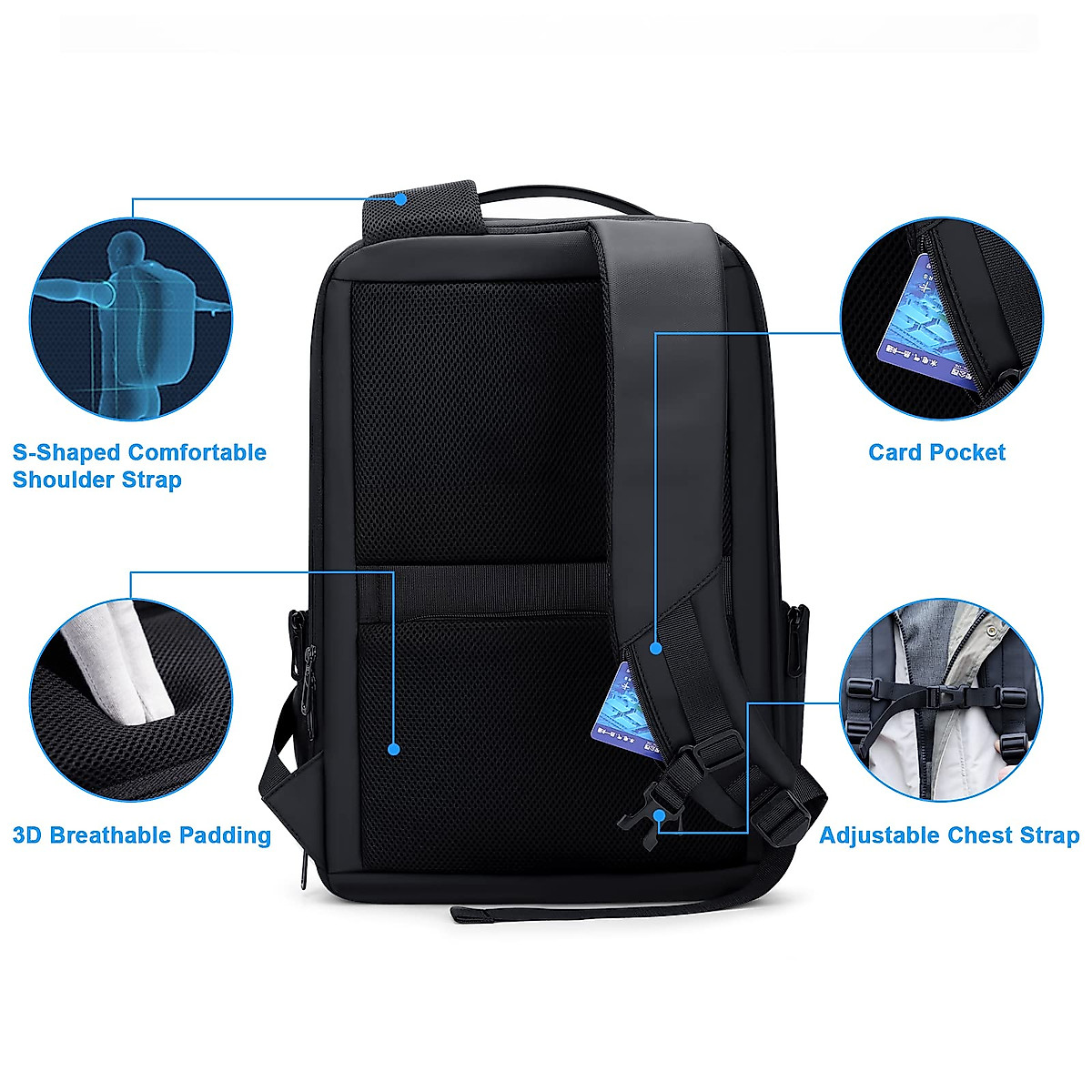 FENRUIEN Business Laptop Backpack 15.6 Inch, Expandable Slim Backpack for Men with USB Port, Water Resistant Computer Bag for Travel/College/Work, Black