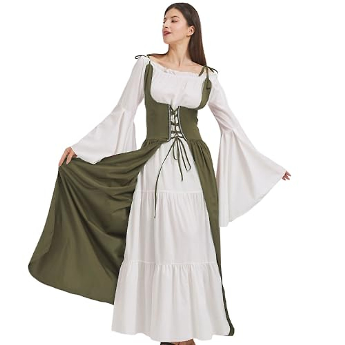 Vianinfalo Renaissance Dress Women Irish Medieval Pirate Costume Ren Faire Dresses Halloween Costume (Olive S/M)