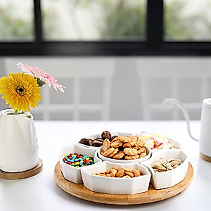 SOUJOY 11'' Lazy Susan Serving Tray, Porcelain Appetizer Divided Serving Dishes, Removable Relish Dishes with Silent Rotating for Chip, Dip, Veggies, Candy and Snack, Cheese, Party, 7 Pieces