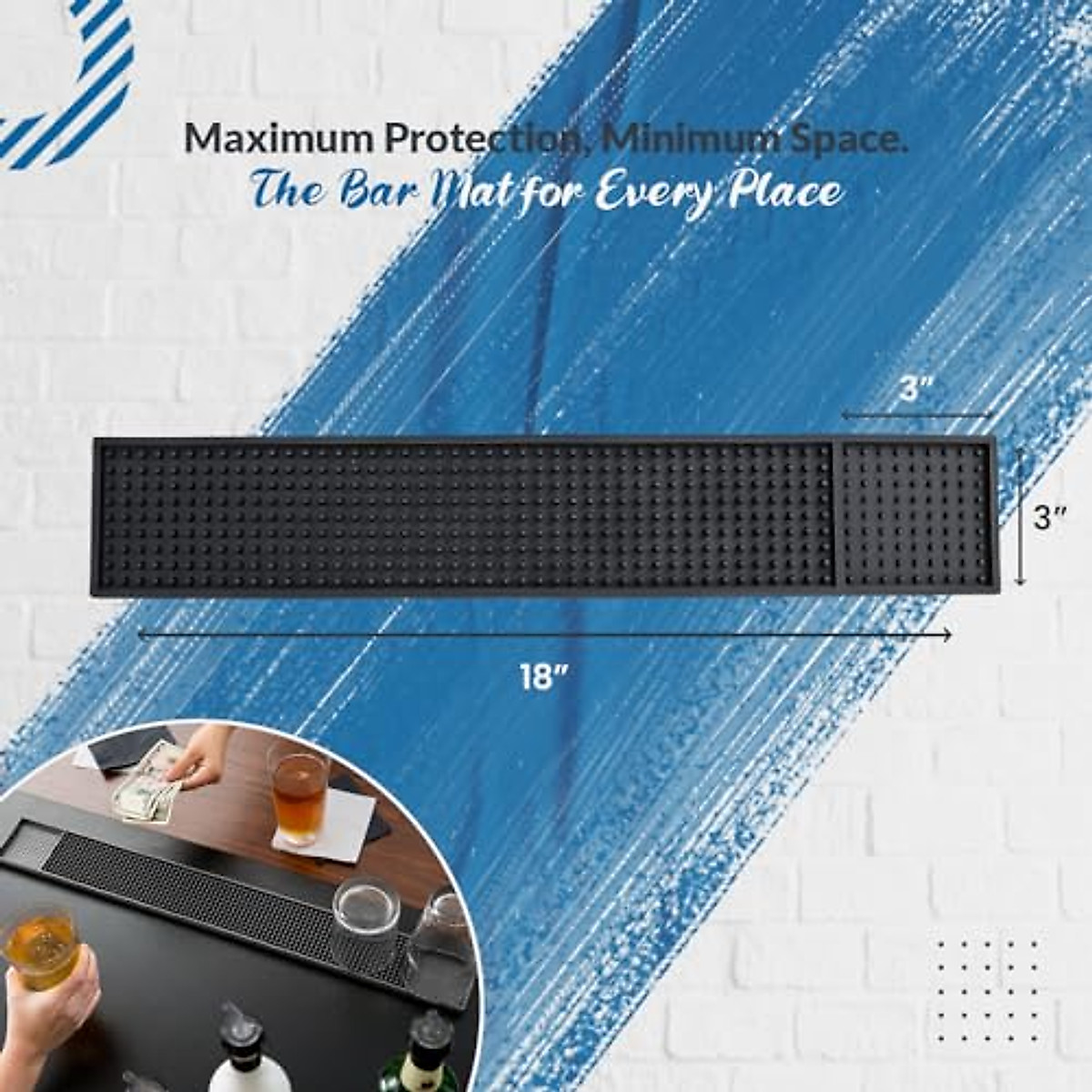 ProTensils 18" x 3" Rail Bar Mat 3Pcs - Flat Packed - Rubber Bar Service Spill Mats for Counter-Top - Black Bar Mats - Home Bar Mat