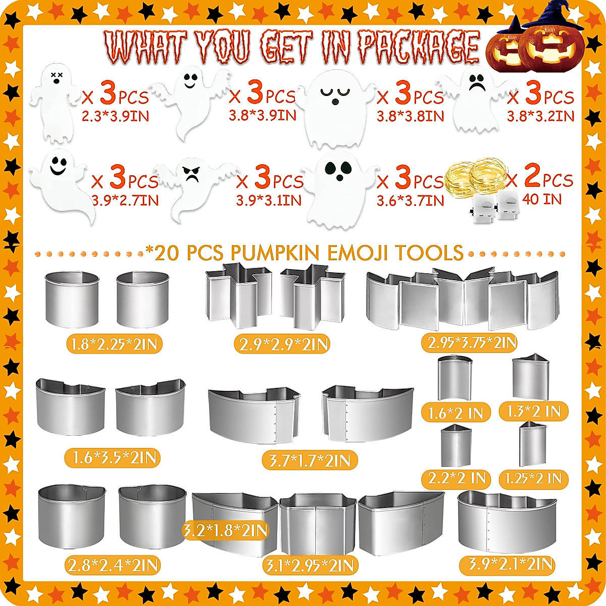 IWPTY 43 PCS Pumpkin Carving Kit for Kids Adults, Halloween Pumpkin Easy Made Stencils, Stainless Steel Pumpkin Safe Carver Tools Kits - 2023 Version (20 Pcs with 2 String Lights & 21 Ghost Stickers)
