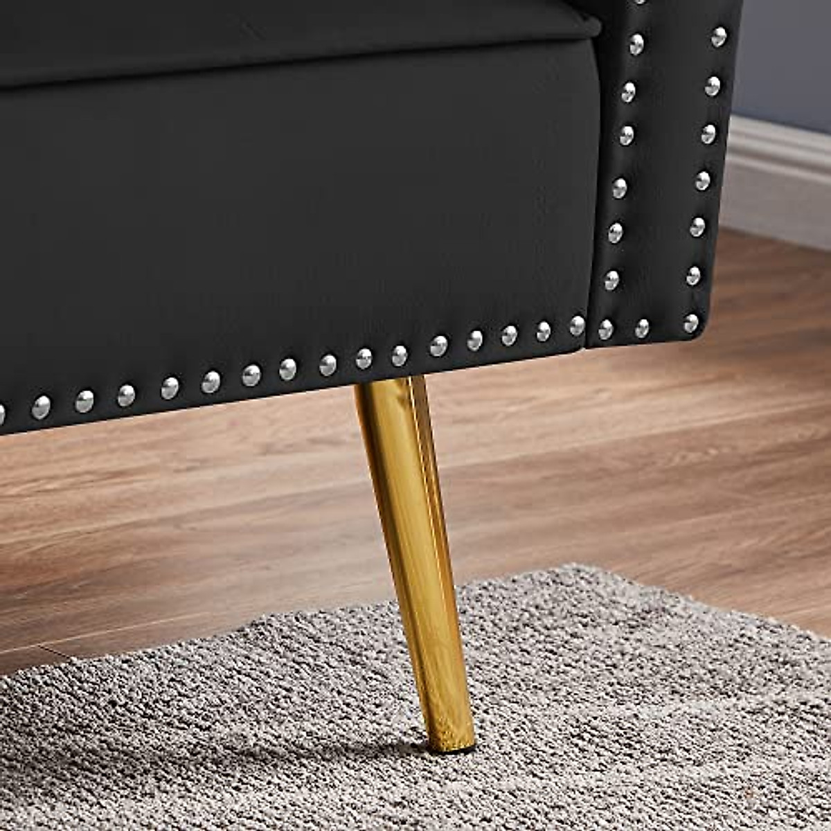 Zushule Futon Sofa Bed -Velvet Tufted Convertible Couch with 2 Pillows, Nailhead Trim, and Metal Legs- - Small Sofabed for Bedroom, Living Room, Apartment - Black with Gold Detail