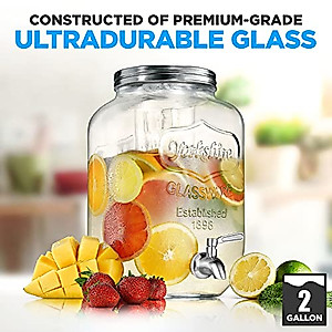 NutriChef 2-Gallon Glass Beverage Dispenser - Mason Jar Style Drink Container Jug w/Stainless Steel Spigot & Plastic Ice Infuser, Wide Mouth Easy Filling, 100% Leak-proof Lid, For Party or Daily Use
