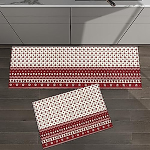 MUENINELE Kitchen Floor Rugs, Merry Christmas Snowflake Xmas Tree Geometric Pattern Red Non-Slip Runner Mats Runner Rugs for Laundry, Bedrooms, Sink, Office, 2 PCS Set