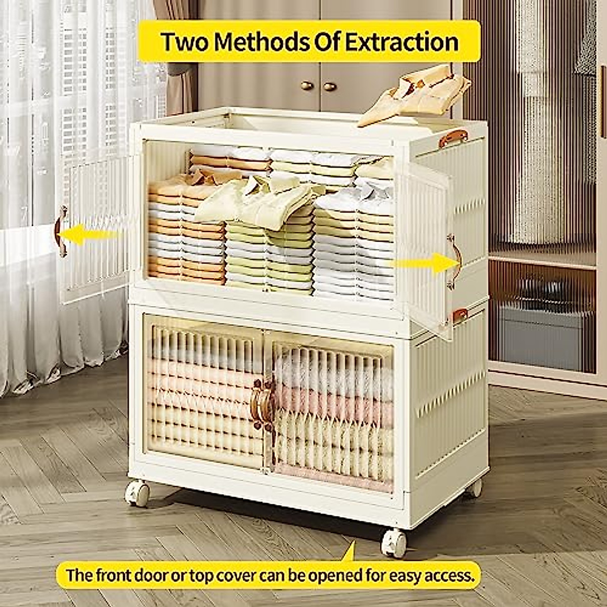 pupustar Storage Bins with Lids and Doors, Plastic Stackable Storage Bins Open Front, Foldable Storage Boxes for Organizing, Collapsible Storage Bins with Wheels, Opening Storage Boxes Set