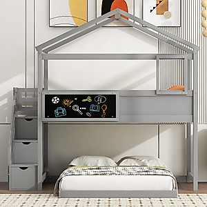 MERITLINE Bunk Bed Twin Over Full with Storage Staircase and Blackboard,Wooden House Bunk Beds Frame for Kids, Boys,Girls, No Box Spring Needed(Gray)
