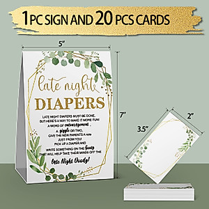 skuhyyg Eucalyptus Late Night Diapers Sign & cards, Gold Cards Diaper Thoughts, Baby Shower Diaper Game Write Funny Inspirational Message(1 Standing Sign + 20 Blank Greeting Cards)