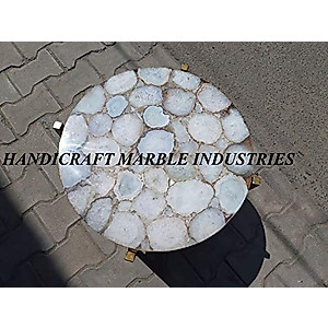 Natural White Agate Stone Round 21" x 21" Inch Table with Gold Foil Border & Metal Base, White Agate Stone Coffee Table & Metal Stand, White Agate Coffee Table, Piece Of Conversation, Family HeirLoom