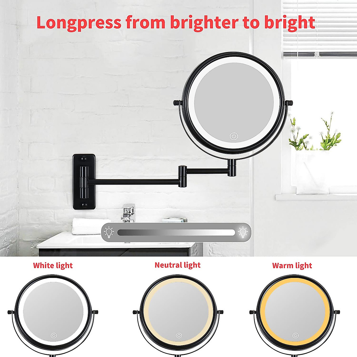 Keilefo Wall Mounted Makeup Mirror 10X Majnifying Mirror LED Light Dimmable Touch Screen, USB Charge, Extendable Double Sided Vanity Mirror 8 Inch, Black
