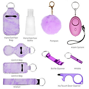 AMIR Safety Keychain Set for Women and Kids, 10 Pcs Safety Keychain Accessories, Keychain Set for Girls with Safe Sound Personal Alarm, No Touch Door Opener, Whistle and Pom, Purple