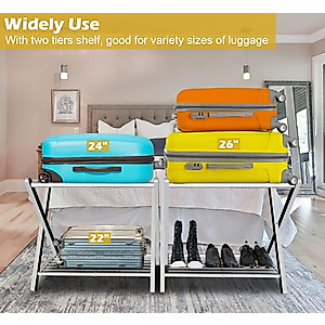 mocomax 1 Pack Folding Luggage Rack for Guest Room, Foldable Suitcase Stand Holder with Metal Storage Shelf for Bedroom, Living Room, Hotel Essentials, Heavy Duty Steel Frame, White