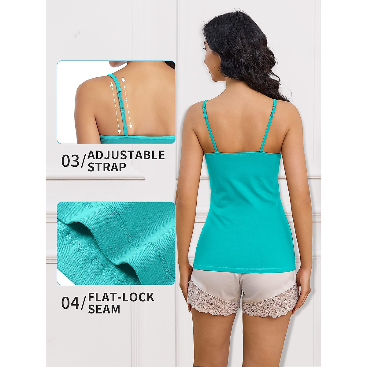 ATTRACO Women Camisole Plain Ladies Tank Tops Bra Packs Stretchy Black Aqua XL