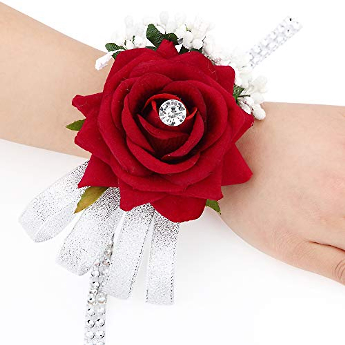 FAYBOX Velvet Open Rose Silvery Bling Ribbon Rhinestone Stretch Bracelet Wedding Prom Wrist Corsage Hand Flower Pack of 4 Red