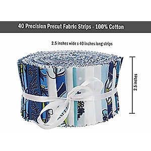 Soimoi 40Pcs Block Print Cotton Precut Fabrics for Quilting Craft Strips 2.5x42inches Jelly Roll - Blue