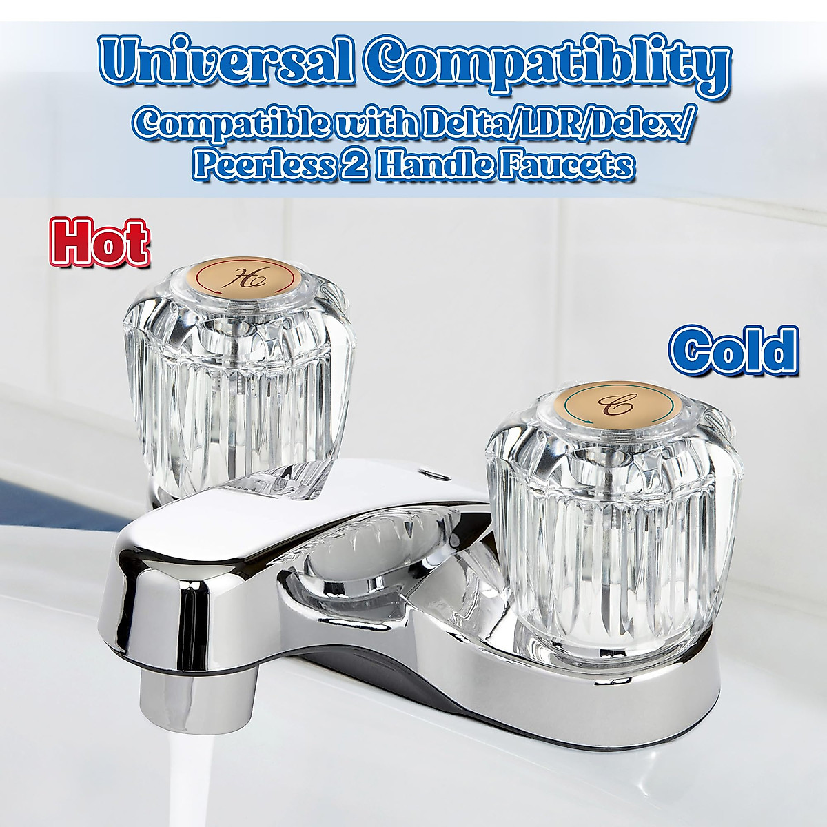 Dreyoo Bathroom Sink Knobs Replacement, Bathtub Faucet Handles with 4 Index Buttons, Compatible with Delta/LDR/Delex/Peerless Faucets, Hot and Cold Faucet Handles Replacement in Clear Acrylic