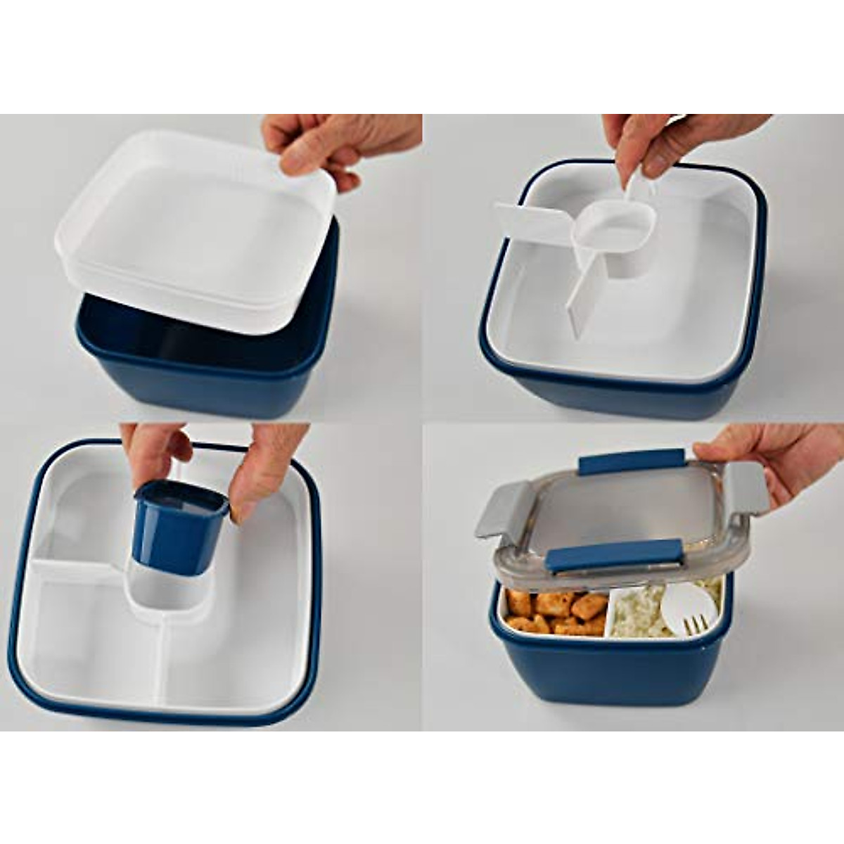 Home-X Section Lunch Box, Lunch Containers for Kids and Adults, Multi-Compartment Food Box, Salad Dressing Container, Spork, 6 ¾" L x 6 ¾" W x 4 ¾" H, Blue
