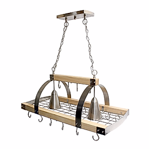 Elegant Designs PR1001-WOD 2 Light Kitchen Wood Pot Rack with Downlights, Wood with Brushed Nickel Accents