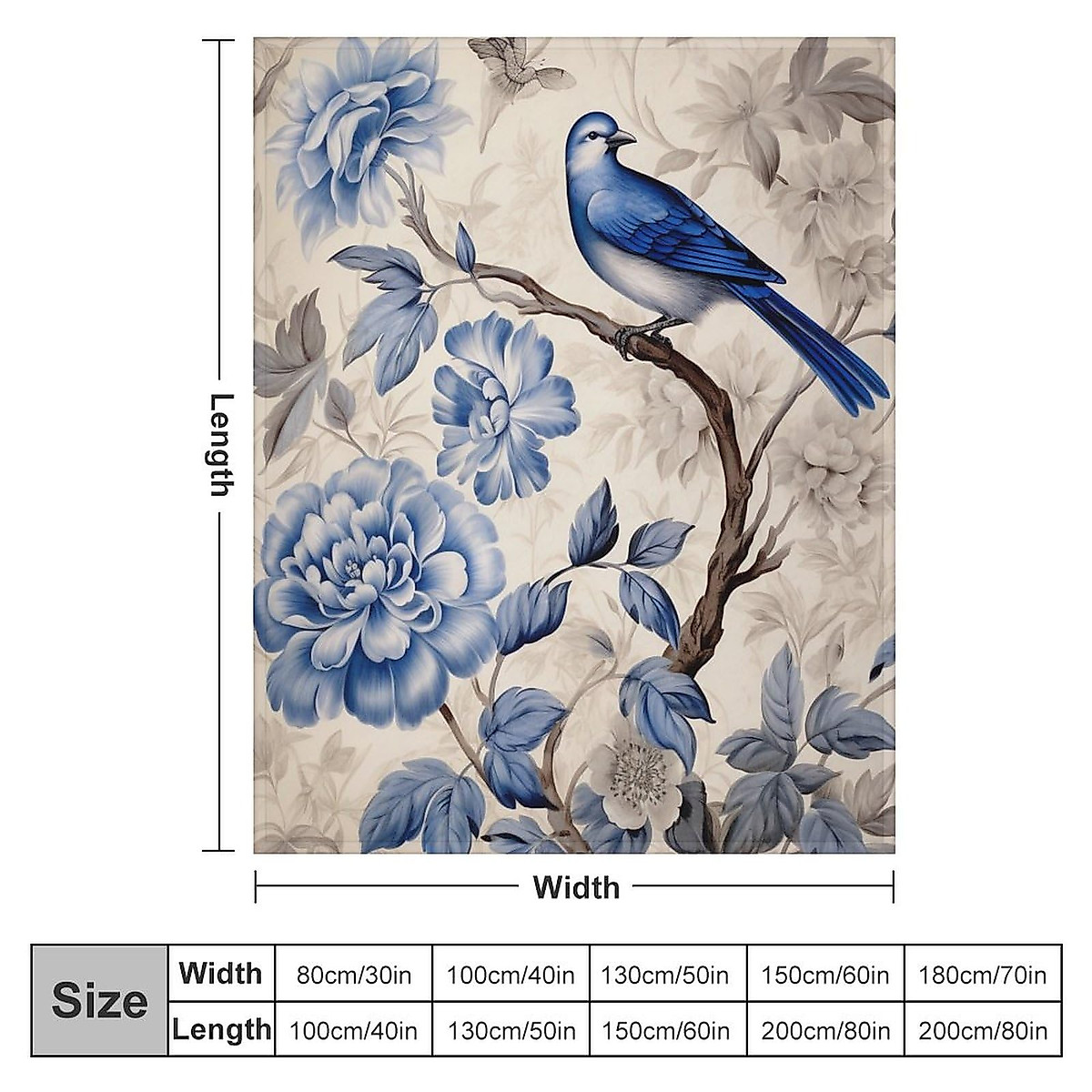 Blanket Blue White Floral Spring Flower Bird ChinoiserieWarm Blanket Flying Bird Flower Blue White Flannel Fleece Throw Blanket for Couch Sofa Bed for Adults Kids Boys Teens Gift for Adults 50"x60"