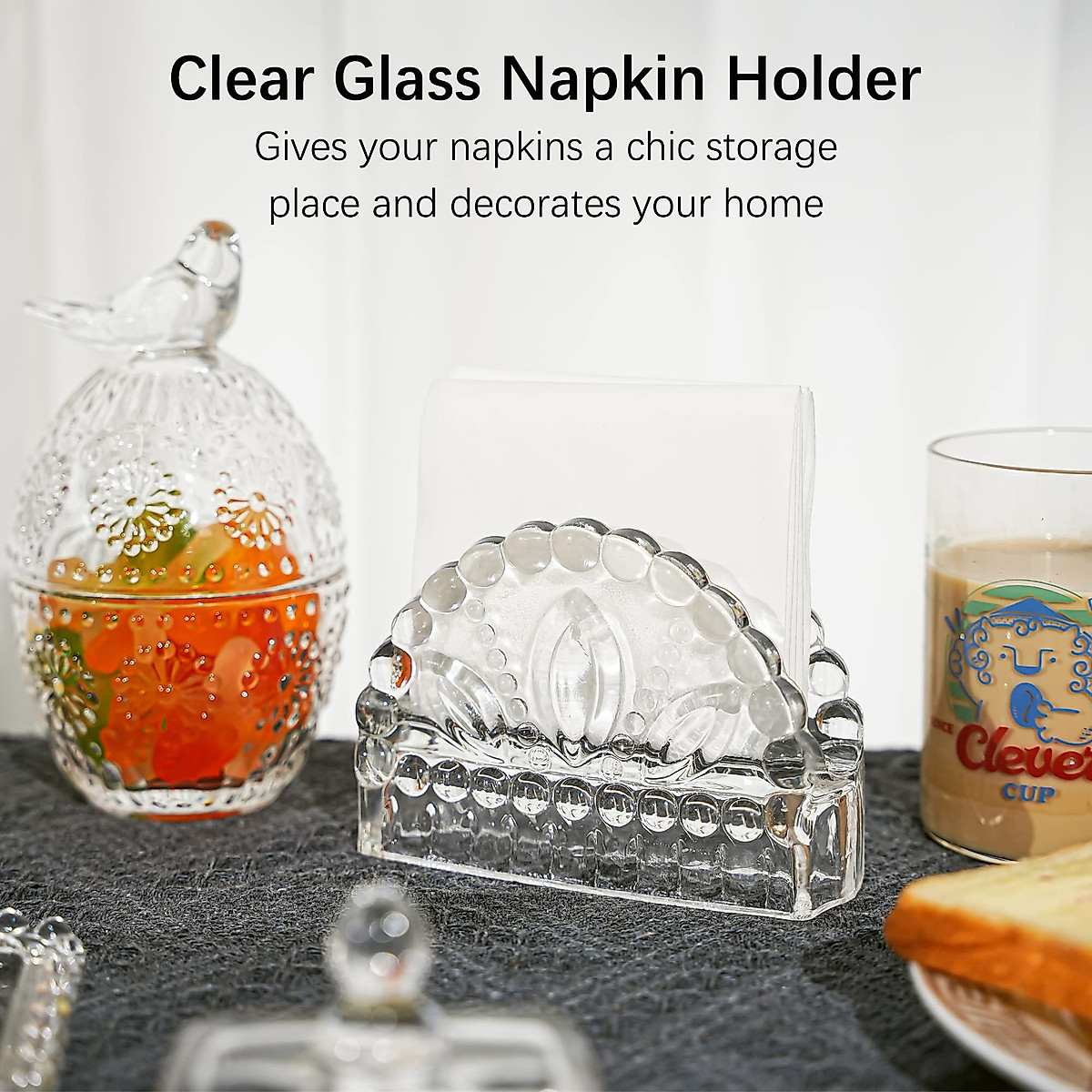 5.1'' Glass Napkin Holder Engraved Design Clear Napkin Dispenser Tableware Decoration for Coffee Store Restaurant Bar Living Room Kitchen