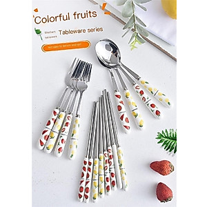 SENIDIKE Silverware Set, Ceramic Handle Dinnerware Set Flatware Kitchen Accessories Camping Travel Sets Fork Spoon Portable Cutlery Sets with Case, Lemon Strawberry Watermelon Pineapple Fruit series