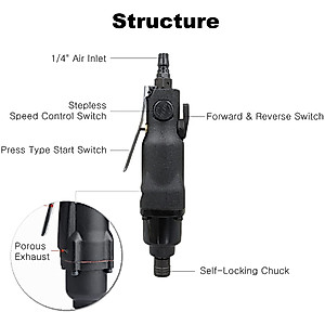 Thincol Air Screw Driver, Straight Reversible Pneumatic Screwdriver with 1/4-Inch Inlet & Cross Screw Bits, High Torque 75N.M Industrial Screw Gun, Adjustable 8000 RPM(US Type)