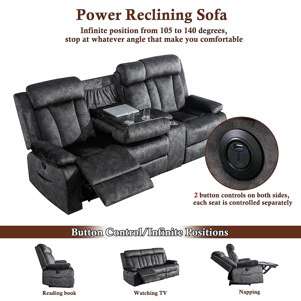 GUEAPY 3 Seater Recliner Sofa Reclining Loveseat with Console Power Reclining Sofa with Heat and Massage, Cup Holders, USB & Type-C Charge Ports for Living Room (Grey)