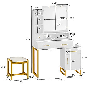 DWVO 41.2inch Makeup Vanity with Mirror and Lights, Vanity with Lights and Drawers, Vanity Mirror with Lights and Table Set, 3 Color Adjustable Lighting Brightness & Power Outlet, White