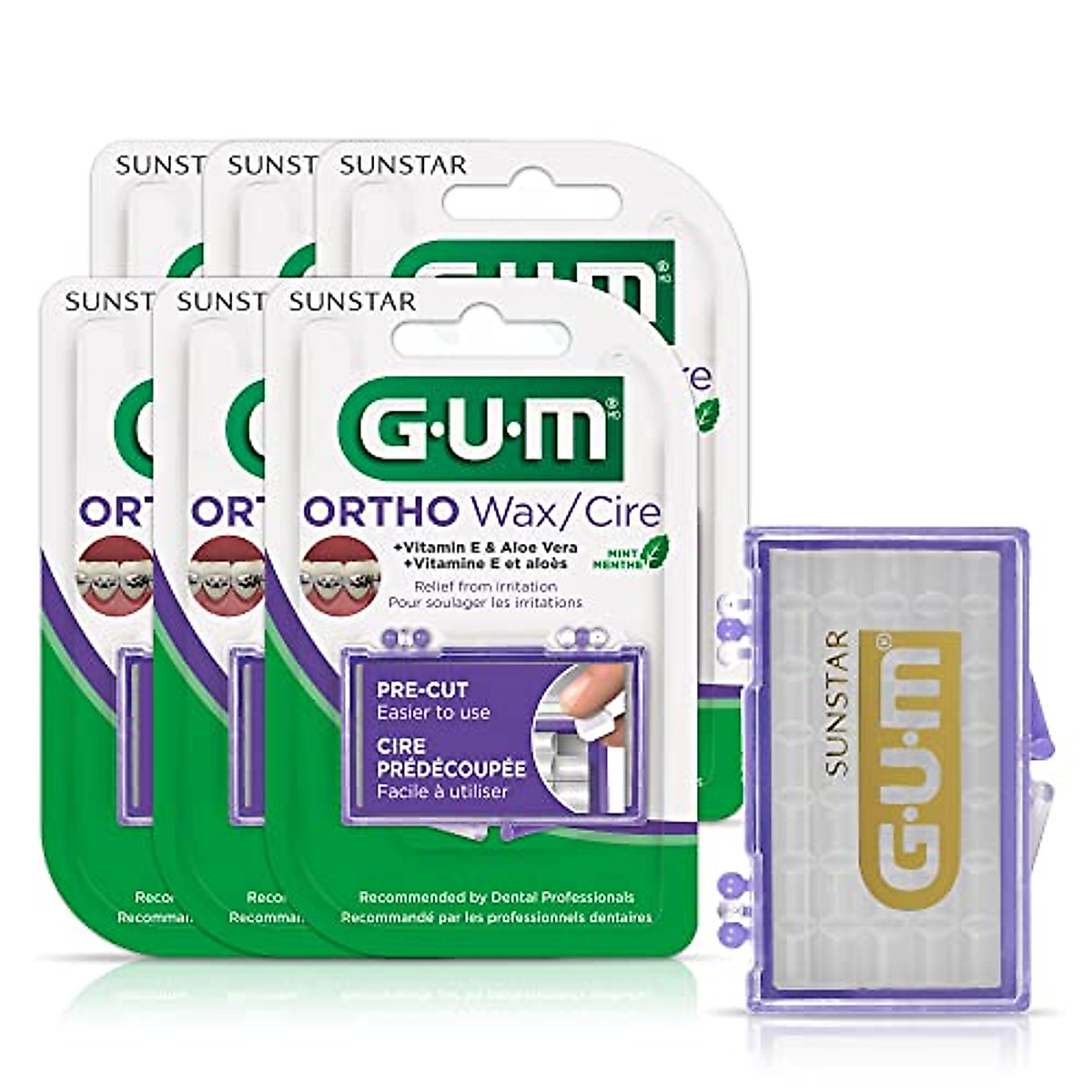 GUM Orthodontic Wax for Braces and Dental Devices - Soothing Dental Wax with Vitamin E and Aloe Vera - Clear Color and Refreshing Mint Flavor (6pk)
