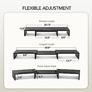 AMERIERGO Dual Monitor Stand -Adjustable Length and Angle, Dual Monitor Riser, Computer Monitor Stand w/2 Slot, Desktop Organizer, Monitor Stand Riser for PC, Computer, Laptop (Black)