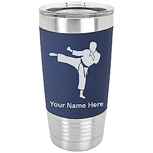 LaserGram 20oz Vacuum Insulated Tumbler Mug, Karate Man, Personalized Engraving Included (Silicone Grip, Navy Blue)