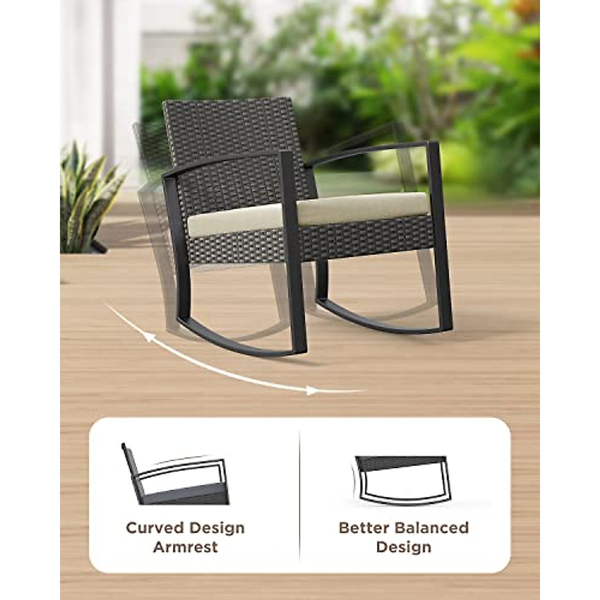 Aiho 3 Pieces Patio Furniture Set, Outdoor Wicker Bistro Rocking Chair Sets with Cushion, Porch Furniture Set with Glass Table, Modern Rattan Conversation Sets for Porches and Balcony, Beige Cushion