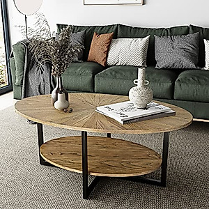Solid Wood Oval Coffee Table with Cross Metal Legs, 43.3" 2-Tier Modern Industrail Center Table with Open Shelf Polished Edging Cocktail Tea Table for Living Room Bedroom Home, Rustic Nature 1811