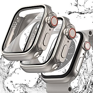 Wingle 2 in 1 Waterproof Case for Apple Watch Series 9 8 7 45mm Screen Protector【Looks Like Apple Watch Ultra】, 2 Pack iWatch Face Cover + Back Bumper with Tempered Glass for Men, Titanium