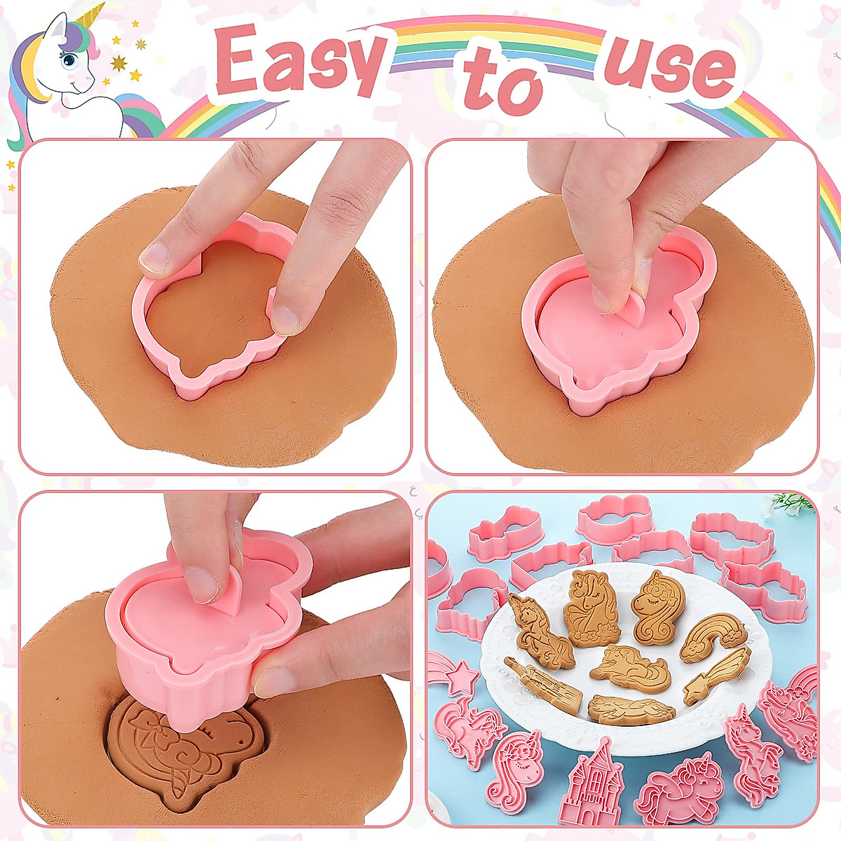 8 Pcs Unicorn Cookie Cutters with Plunger Stamps Set Unicorn Shape Embossing Cookie Stamp Pink Animal Unicorn Cracker Mold 3D Cookie Stamped Embossed Kitchen Bakeware Tool for Party Supply