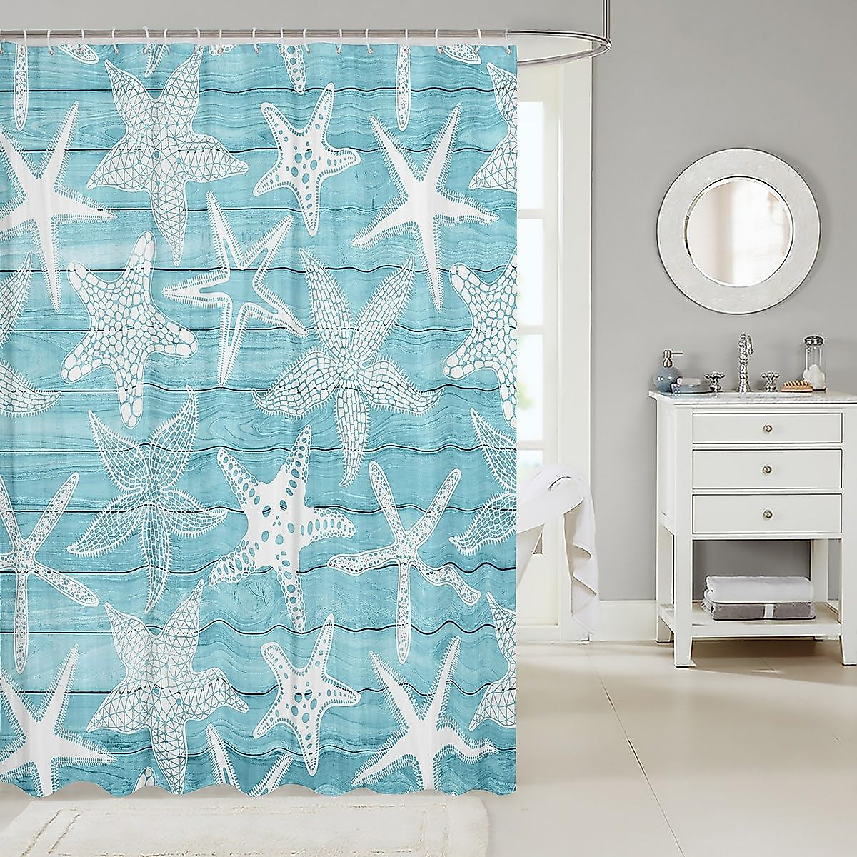 Coastal Sea Creature Shower Curtains,Farmhouse Blue Wooden Stripes Bath Curtain,Starfish Cloth Fabric Bathroom Decor Set with Hooks,78" Long