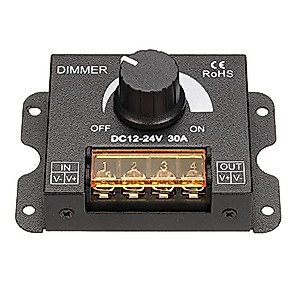 MECCANIXITY LED PWM Dimmer DC 12V 24V 30A Knob ON/Off Switch Dimming Controller with Metal Shell for Single Color Lighting LED Strips, Black