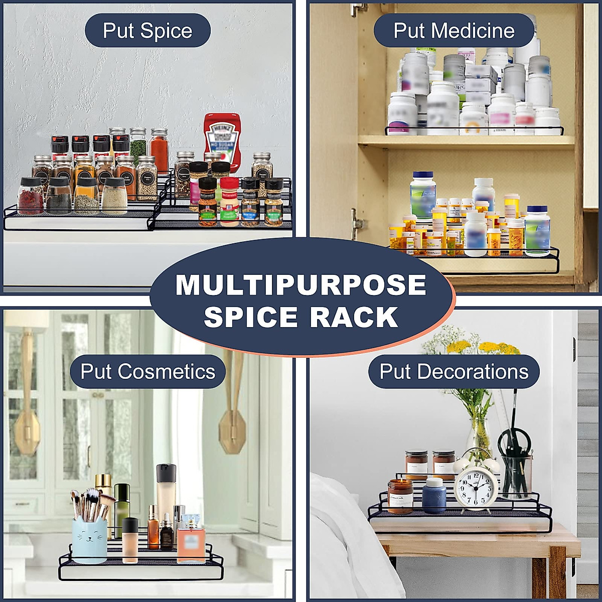 IFELS Spice Rack Organizer for Cabinet, 4 Tier Seasoning Organizer, Expandable Spice Rack Shelf,Step Spice Storage Holder, for Kitchen Cabinet Countertop,with Protection Railing, Metal (Black,2 PC)