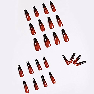 Outyua Halloween Red Black Press on Nails Ombre Coffin Fake Nails Long False nails with Designs Acrylic Witch Ghost Nails for Women and Girls 24Pcs (Red & Black)