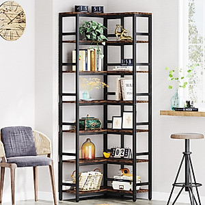 Tribesigns 78.74” Tall Corner Shelf, 7 Tier Industrial Corner Bookcase Storage Display Shelves for Living Room Home Office, Rustic Brown